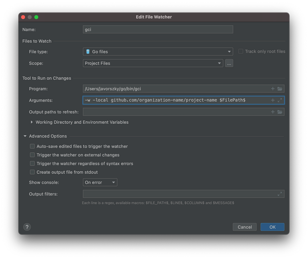Use gci in Goland as file watcher